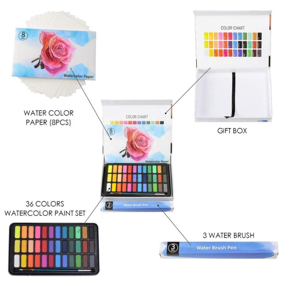 Watercolor Gift Set 36 Colors w/ Brushes and Papers