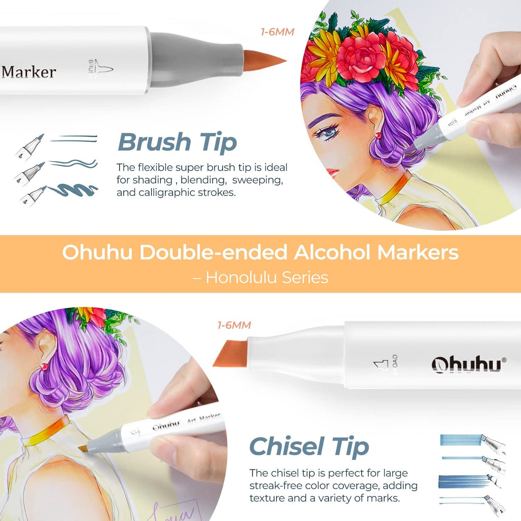 Ohuhu Brush & Chisel 168 Colors Dual Tip Alcohol Brush Markers Y30-804