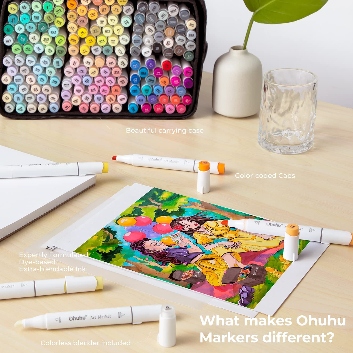 Ohuhu Brush & Chisel 168 Colors Dual Tip Alcohol Brush Markers Y30-804